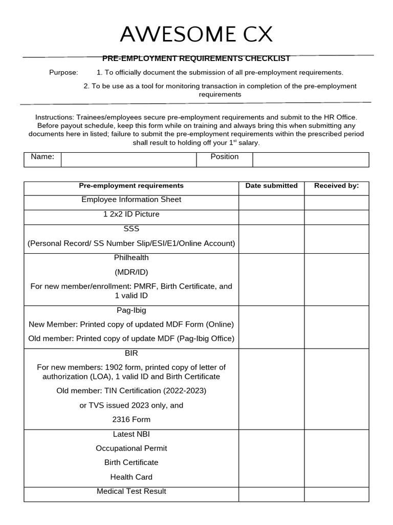 Pre-Employment Requirements Checklist | PDF