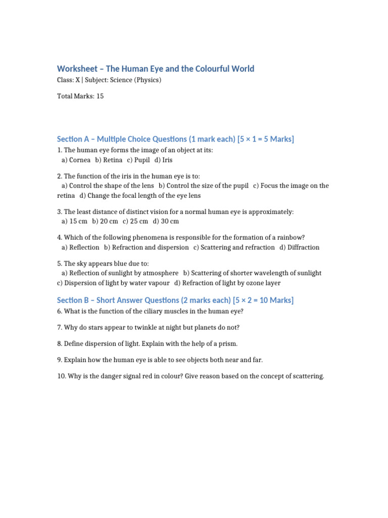Worksheet Human Eye Class10 | PDF