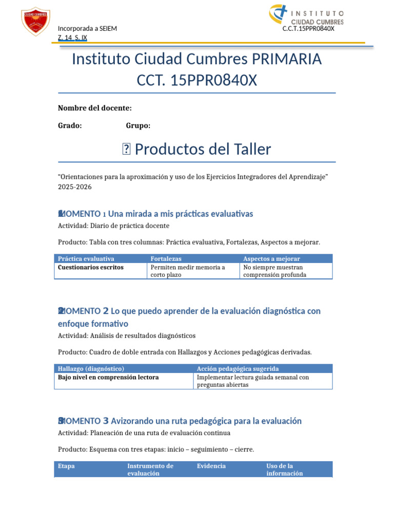 Productos Taller Ejercicios Integradores | PDF | Evaluación | Aprendizaje