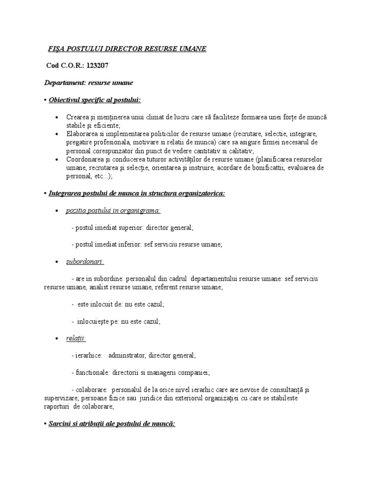 Fisa de Post Resurse Umane | PDF