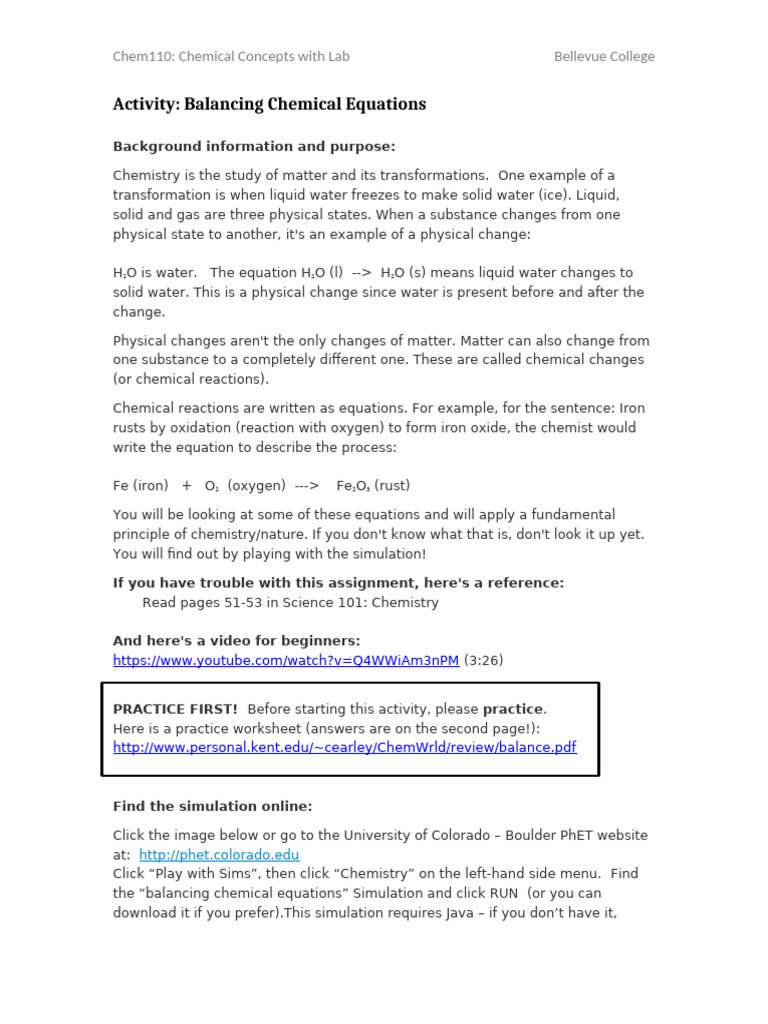 110 Activity Balancing Equations | PDF