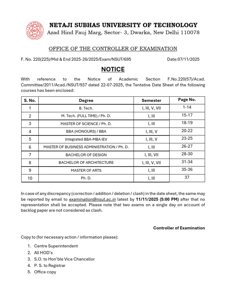 Tentative End (ODD) Semester Theory Examination Date Sheet 2025 | PDF ...