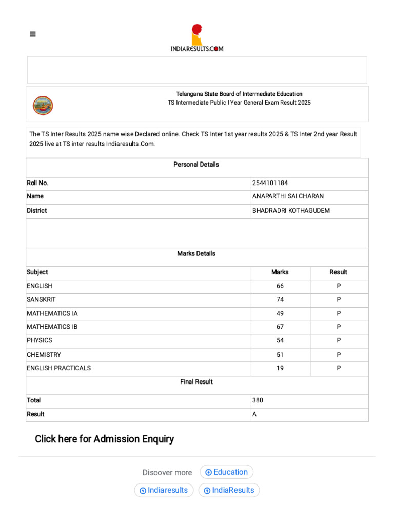 Bie-Telangana - TS Intermediate Public I Year General Exam Result 2025 ...