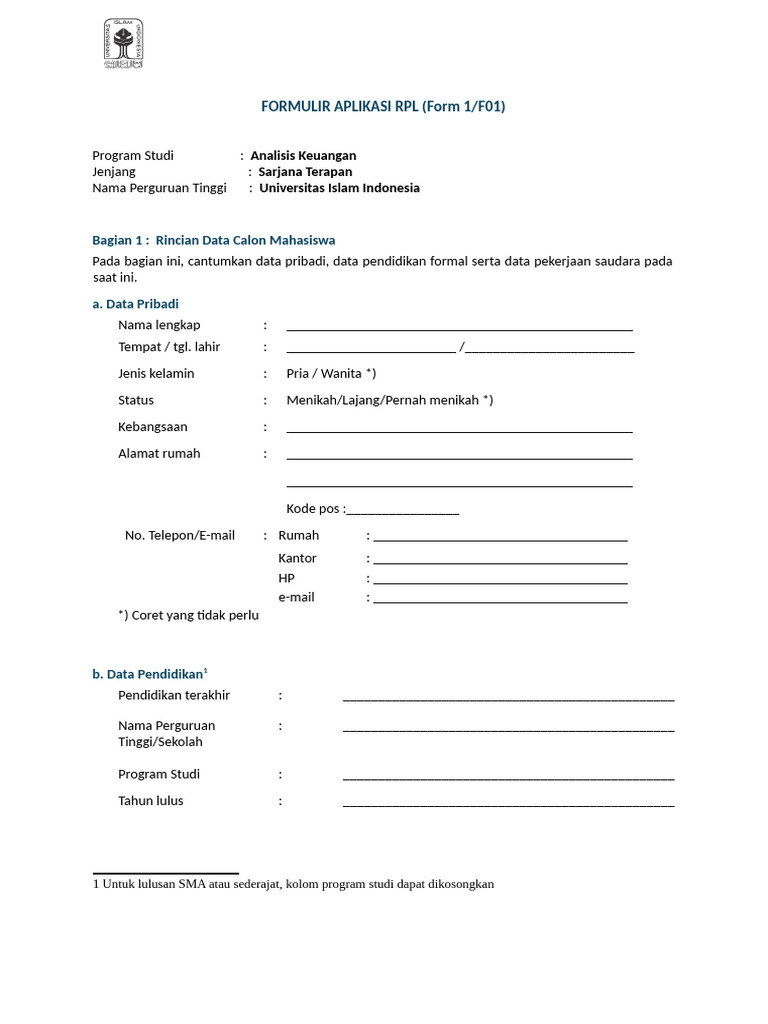 Formulir Aplikasi Rpl - d3 Analisis Kimia | PDF
