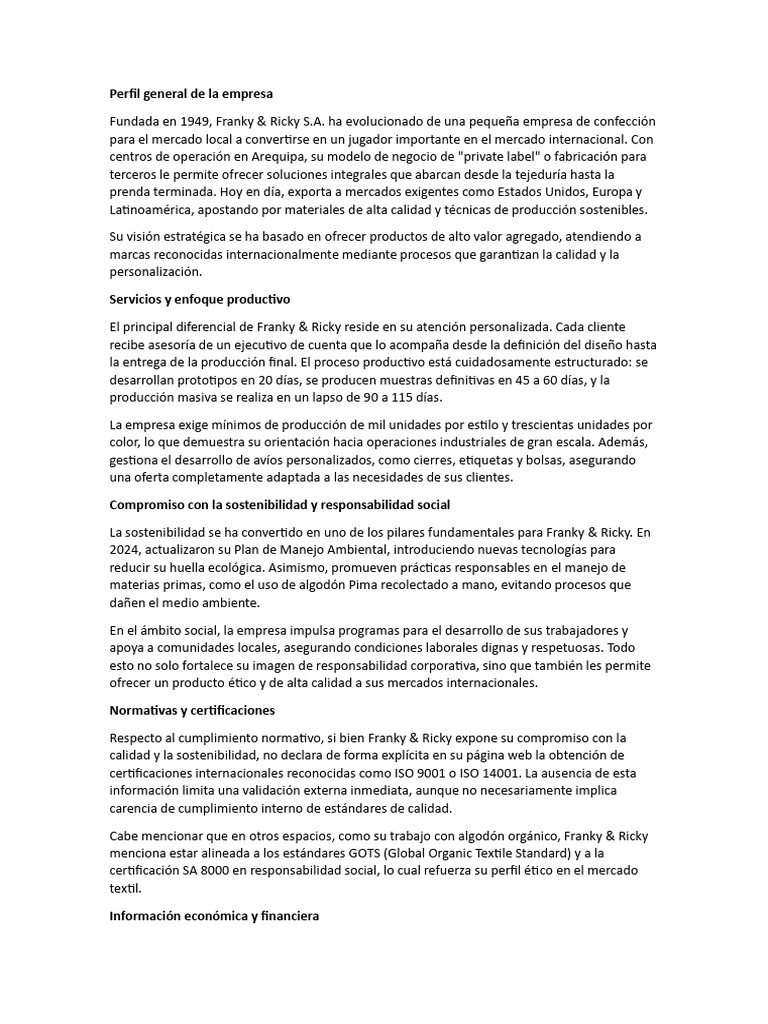 Franky & Ricky S.A.: Innovación Textil Sostenible | PDF ...