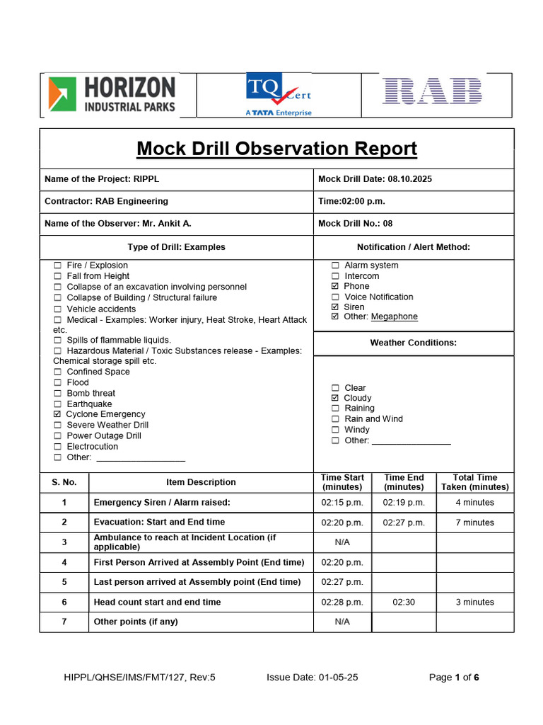 Cyclone Emergency Mock Drill Report | PDF | Emergency Evacuation ...