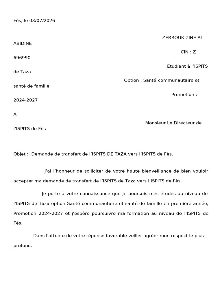Demande de transfert à l'ISPITS de Fès | PDF