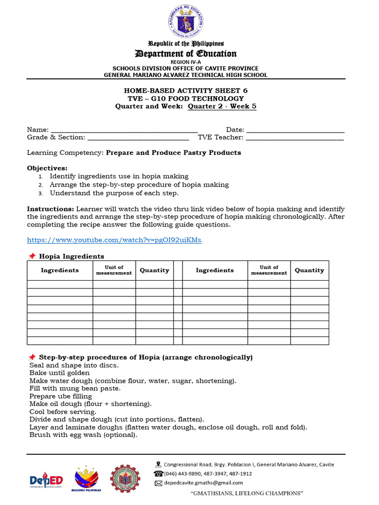 G10-Activity-Sheet Q2 W5 25sep2025 | PDF | Shortening | Dough