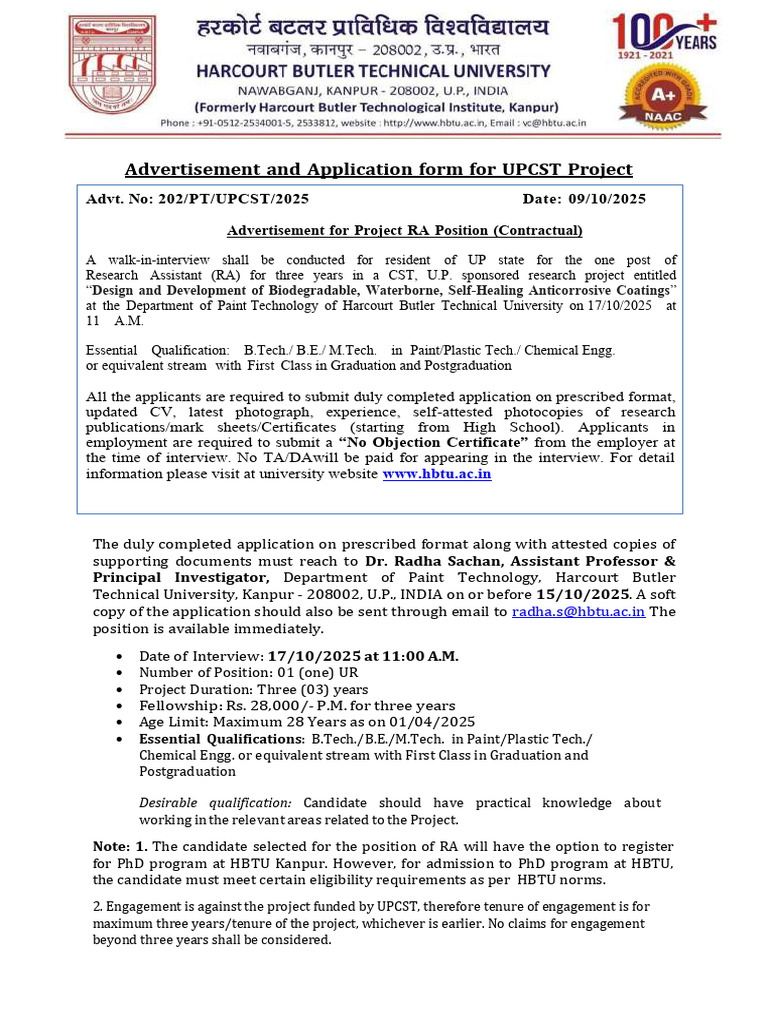 Revised Advertisement and Application Form UPCST 2025 Project | PDF