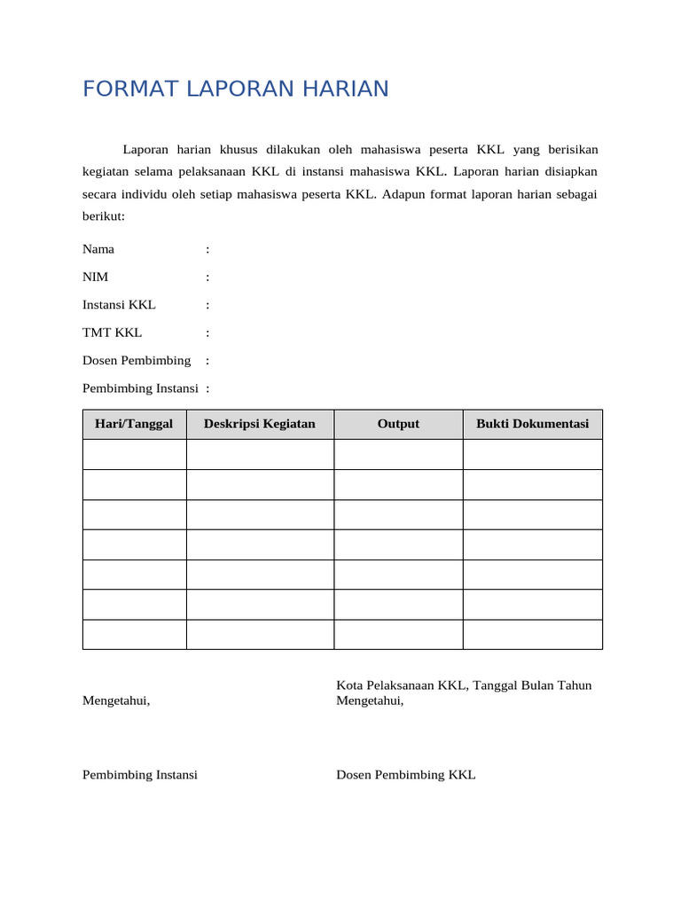 Format Laporan Harian KKL Mahasiswa | PDF
