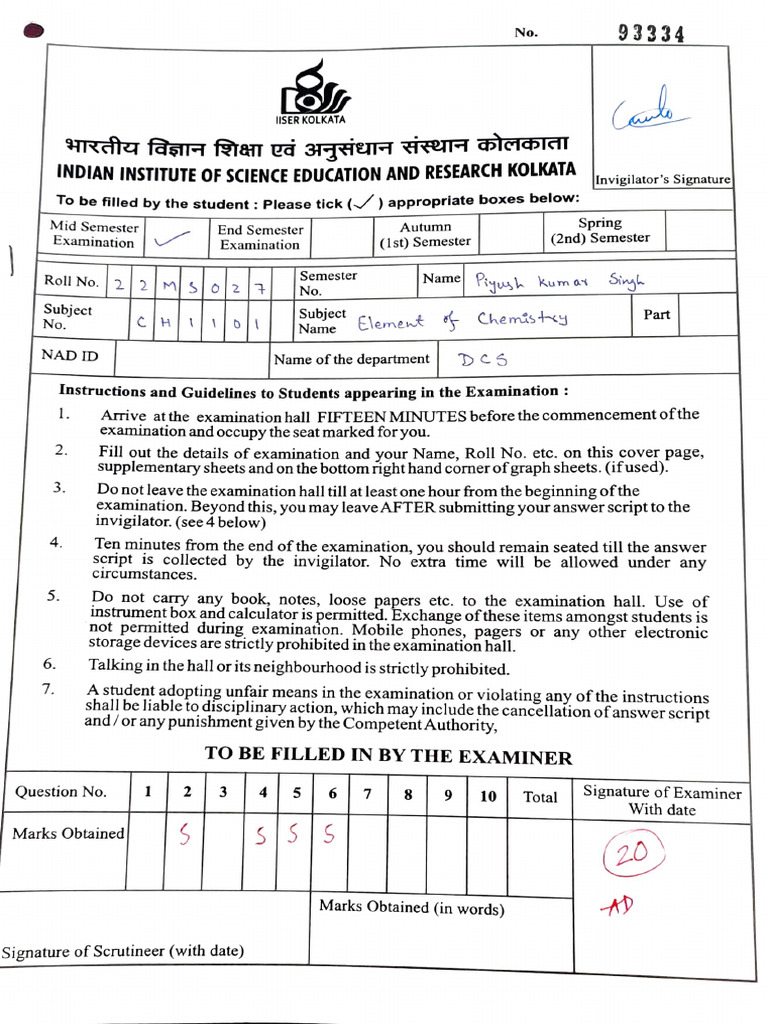 Solution CH1101 Mid-Semester Exam 2022 | PDF