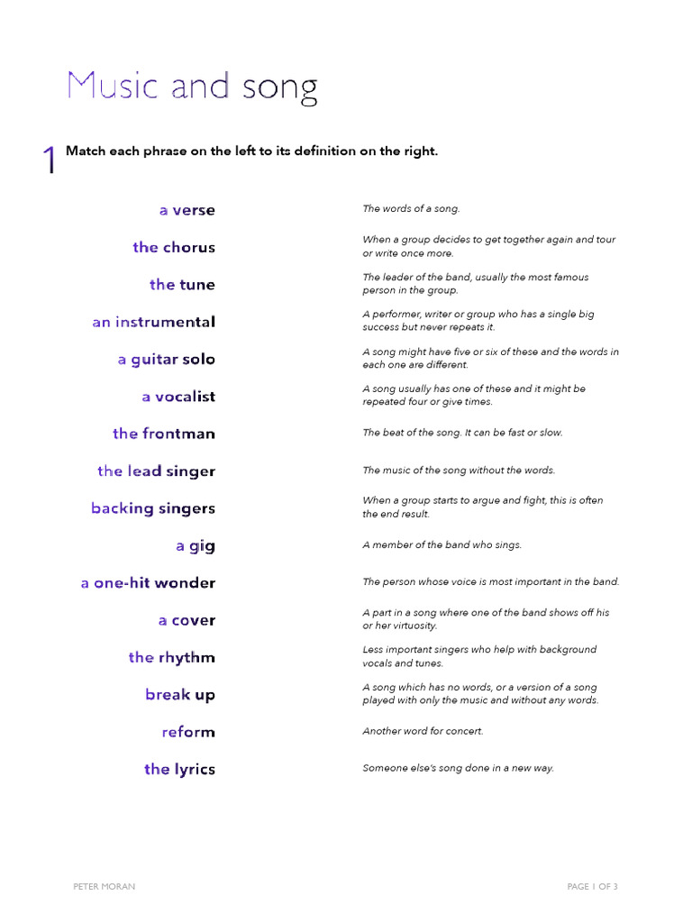 Music, Song Vocab Task | PDF
