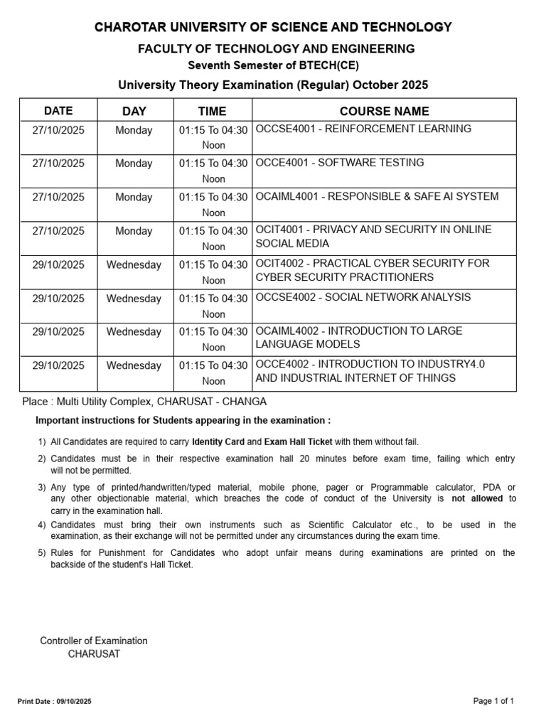 BTech CE Exam Schedule October 2025 | PDF | Computing