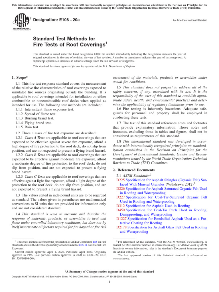 ASTM E108 Class A Fire Rating Standards | PDF | Roof | Lumber