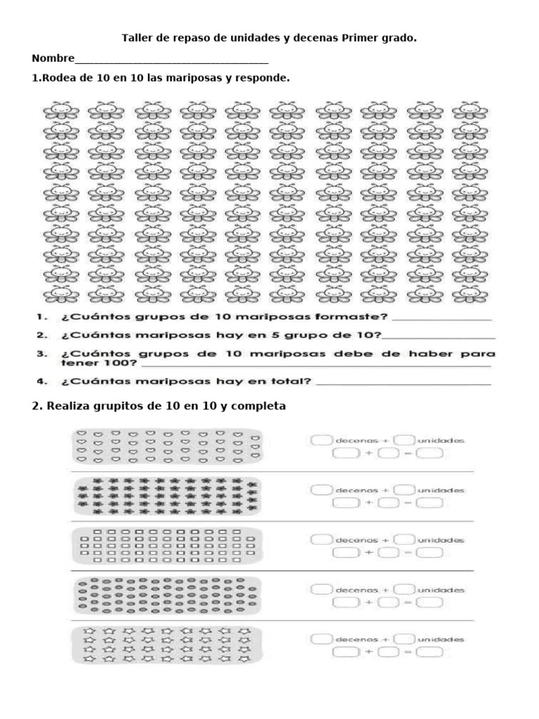 Taller de Repaso de Unidades y Decenas Primer Grado | PDF