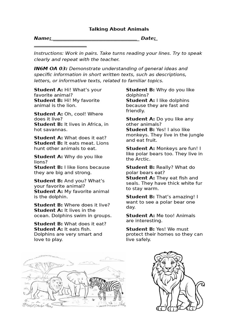 Talking About Animals - Dialog A and B | PDF