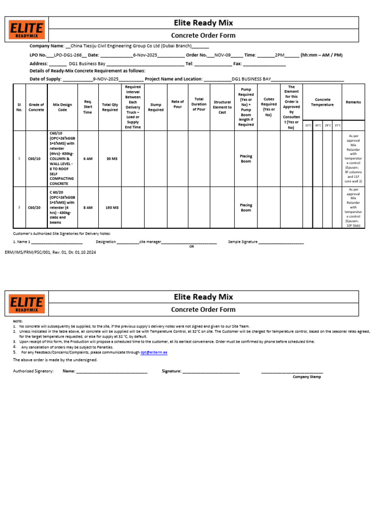 Ready Mix Concrete Order Form | PDF | Concrete | Building Technology