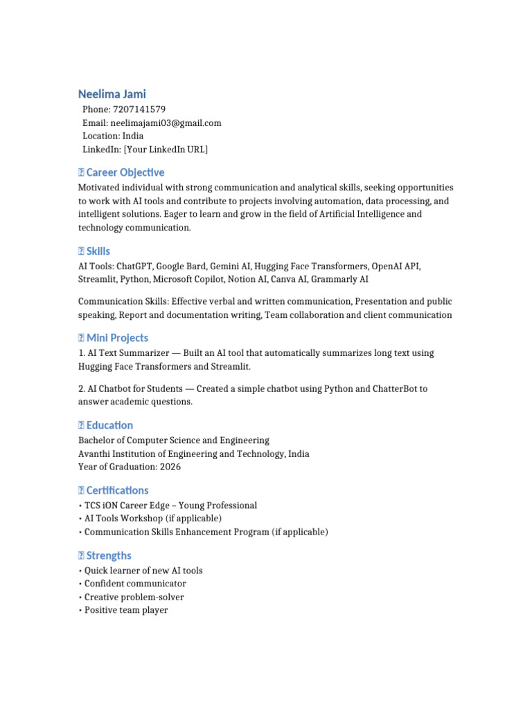 Neelima Jami AI Tools Resume Updated | PDF