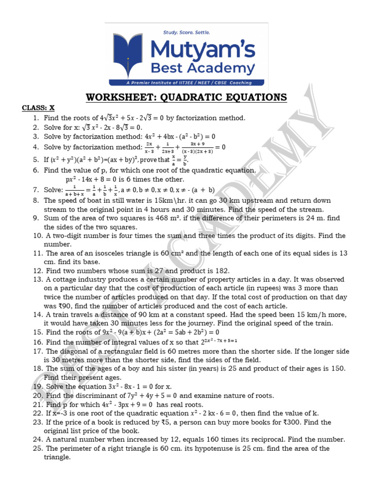 Class X Quadratic Equations Worksheet-1 (1) | PDF | Number Theory ...