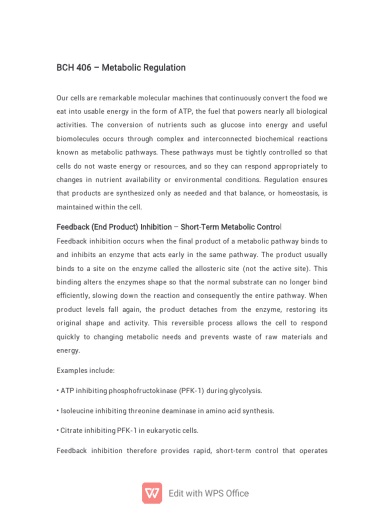 BCH 406 MetabolicRegulation Note | PDF | Operon | Repressor