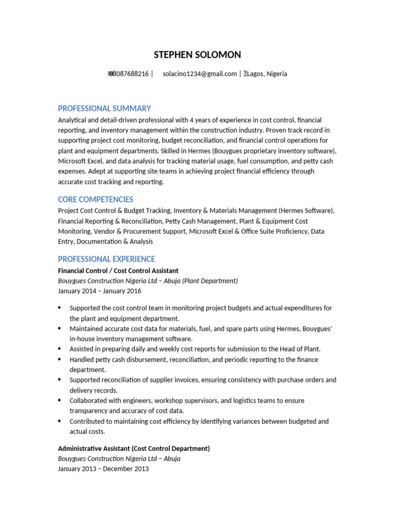 Stephen - Solomon - CV 07-10-25 | PDF | Cost Accounting | Business