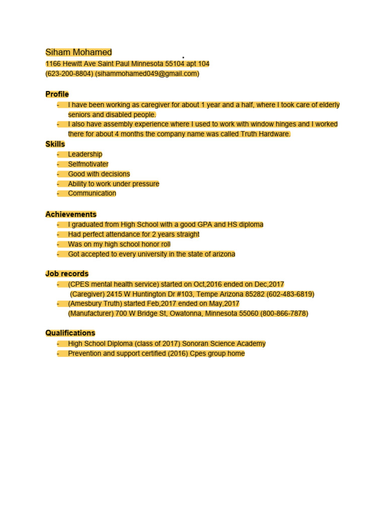 Siham Mohamed: Caregiver Profile | PDF