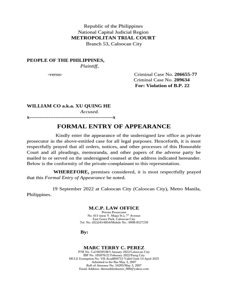 Elizabeth Uy Formal Entry of Appearance | PDF | Mail | Justice