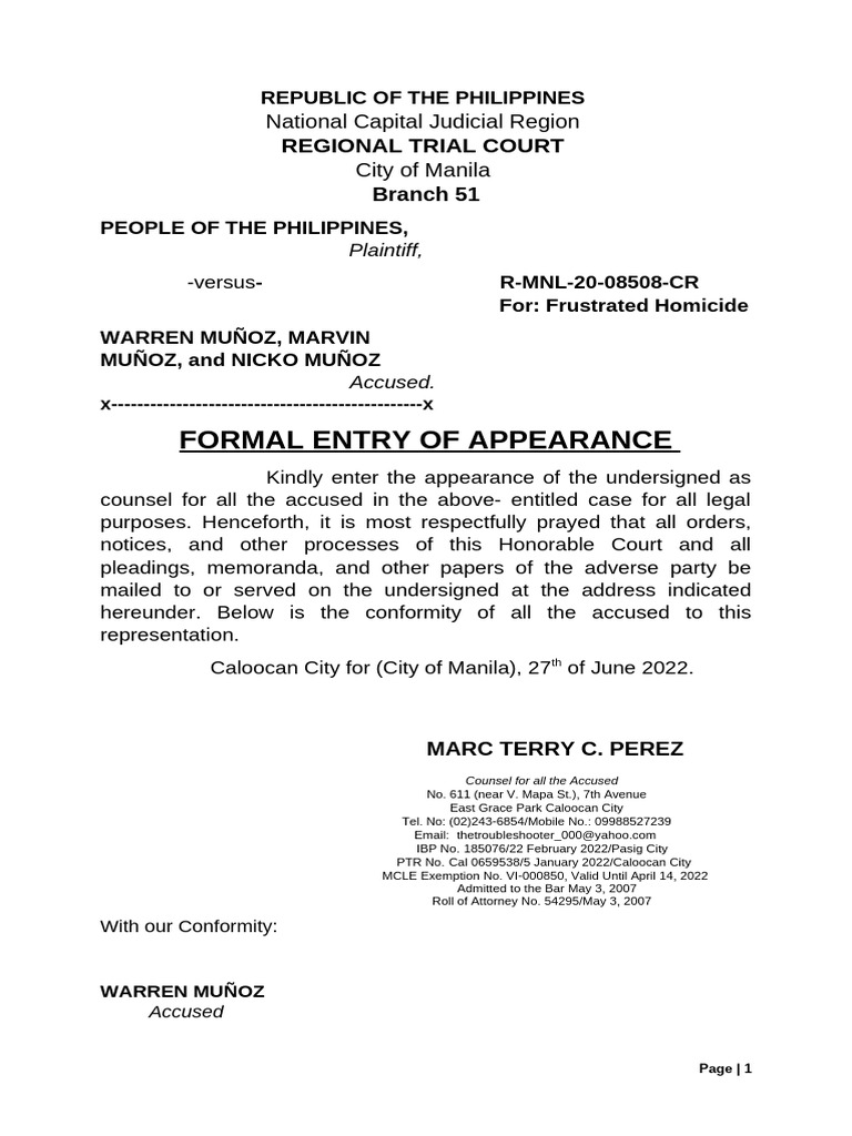 Formal Entry of Appearance in Homicide Case | PDF | Legal Procedure ...