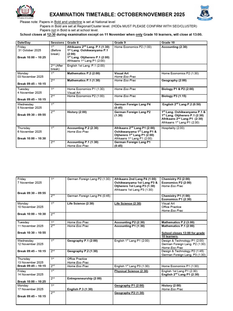 WHS Examination Timetable 2025 | PDF