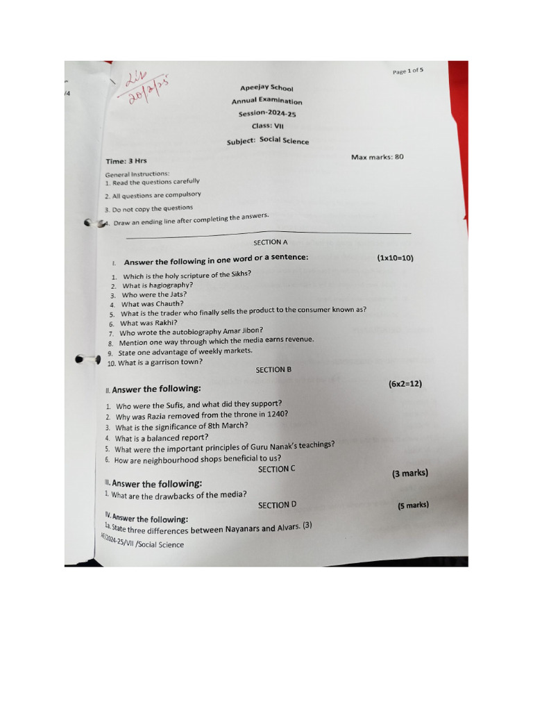 SST Annual Question Paper-Class 7 | PDF