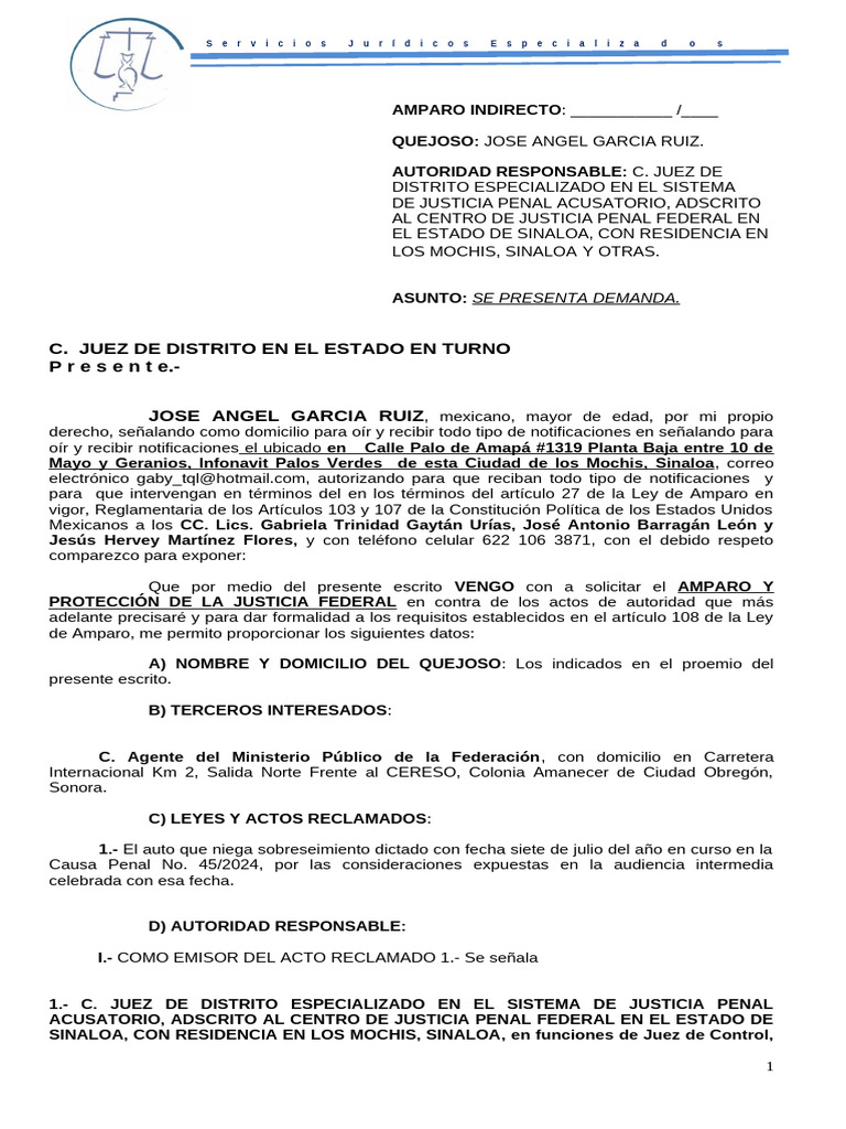 AMPARO SOBRESEIMIENTO FEDERAL JOSE ANGEL | PDF | Debido al proceso ...