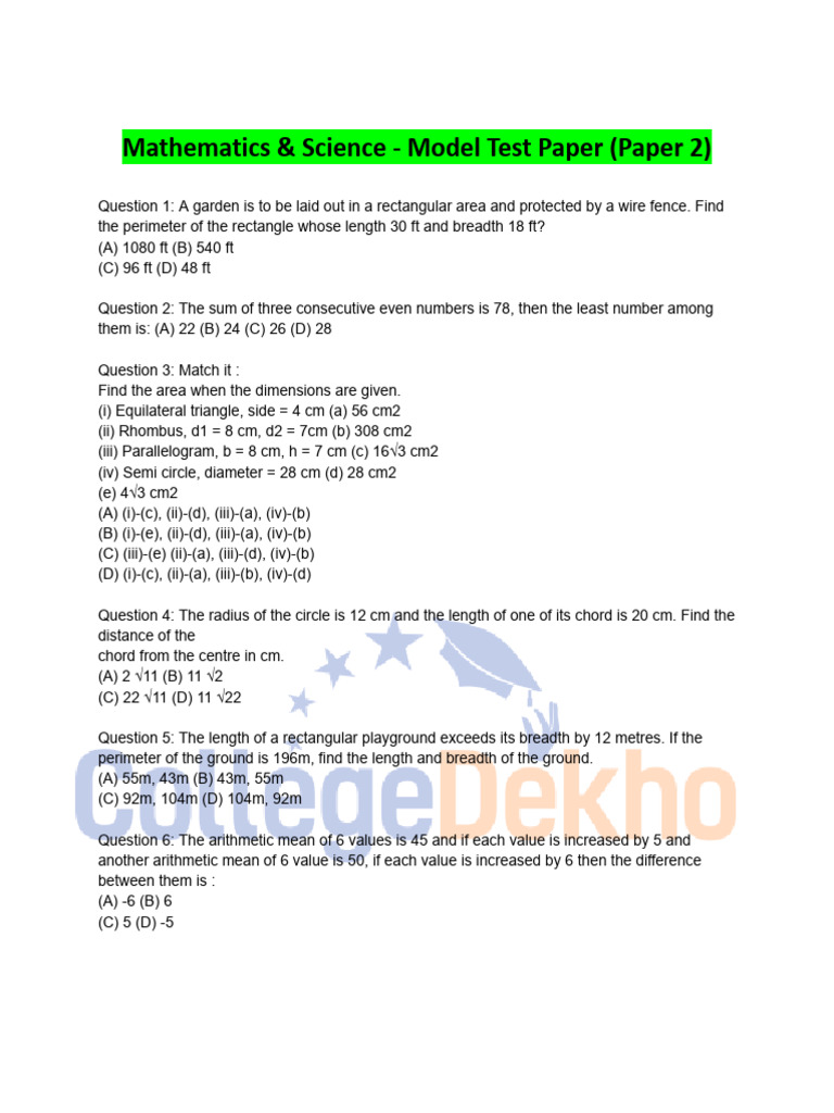 Math & Science Model Test Paper 2 | PDF