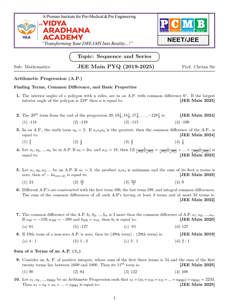 JEE Main A.P. Questions (2019-2025) | PDF | Summation | Mathematics