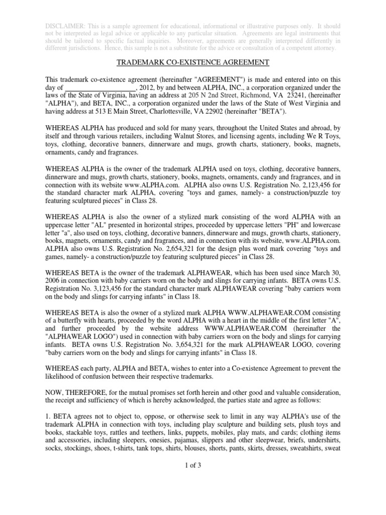 Sample Coexistence Agreement | Suit (Clothing) | Trademark