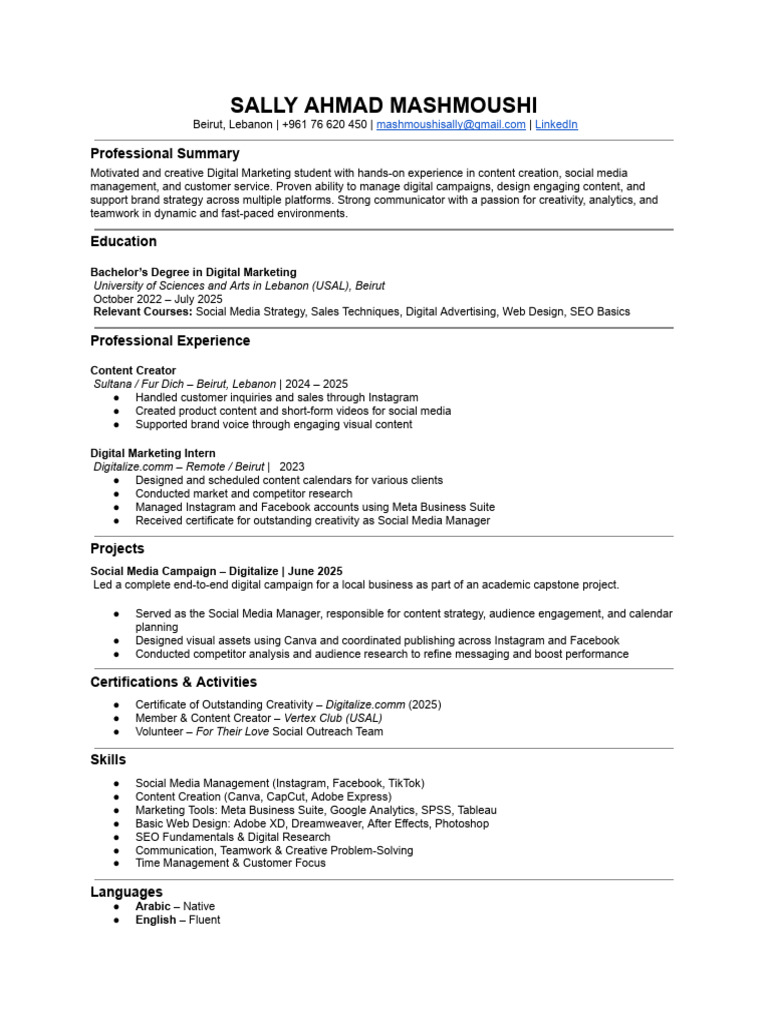 Sally Ahmad Mashmoushi CV | PDF | Digital Marketing | Social Media