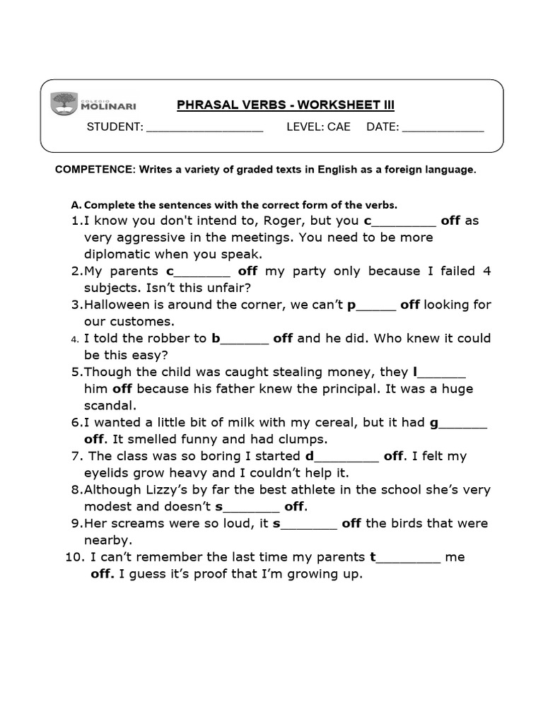 Phrasal Verbs Worksheet for CAE Students | PDF