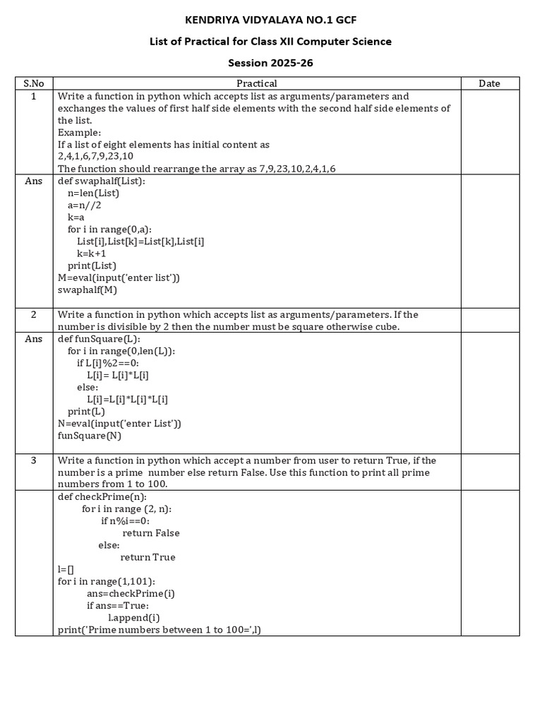 Practical List Cs Xii 2025-26 | PDF | Parameter (Computer Programming) | Text File
