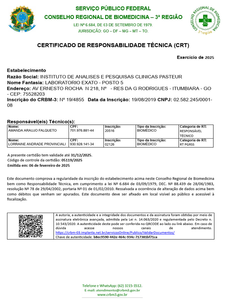 Certificado de Responsabilidade Técnica 2025 | PDF