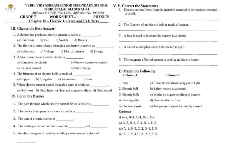 Grade 7 Physics Worksheet: Electric Current | PDF | Electric Current ...
