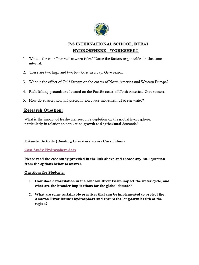 Hydrosphere Worksheet for Students | PDF