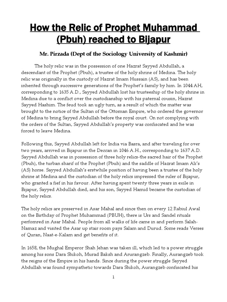 How The Relic of Prophet Muhammad PBUH Reached To Bijapur | PDF ...
