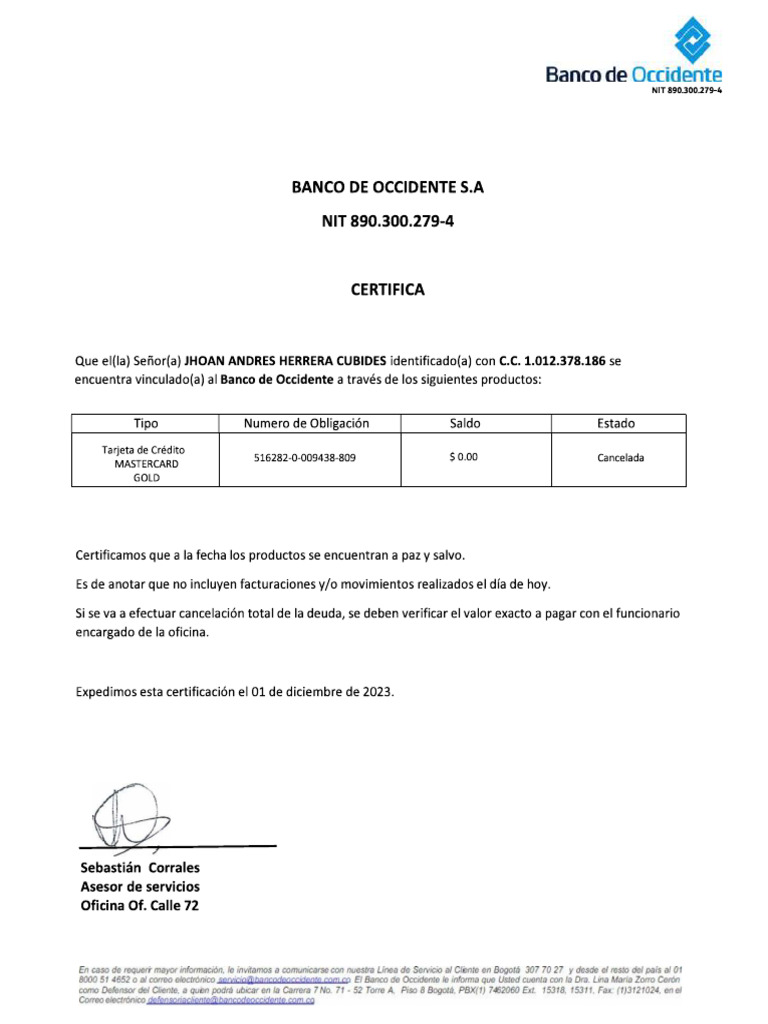 Modelo Paz y Salvo Occidente | PDF