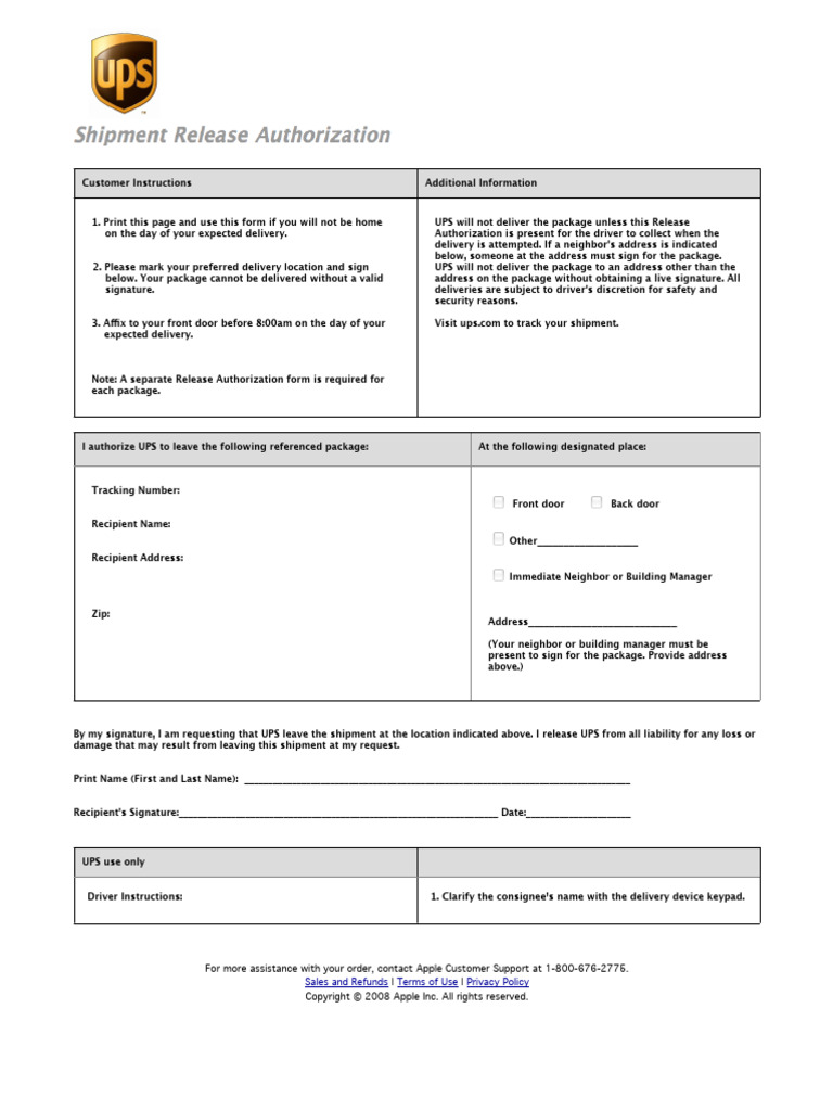 UPS Shipment Release Authorization (Apple Pre-Sign) - Iphone 4S | PDF | United Parcel Service ...