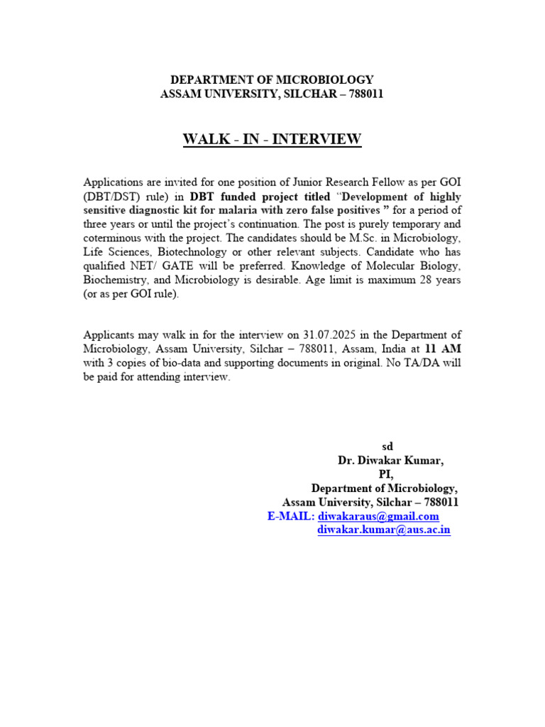 JRF Advertisement at Department of Microbiology | PDF