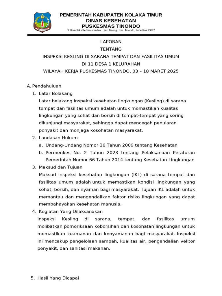 LHPD Inspeksi Kesling Di Fasilitas Umum | PDF