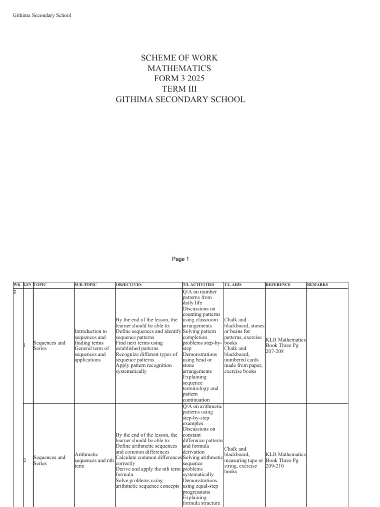 Form 3 Mathematics Scheme: Sequences & Vectors | PDF | Euclidean Vector ...