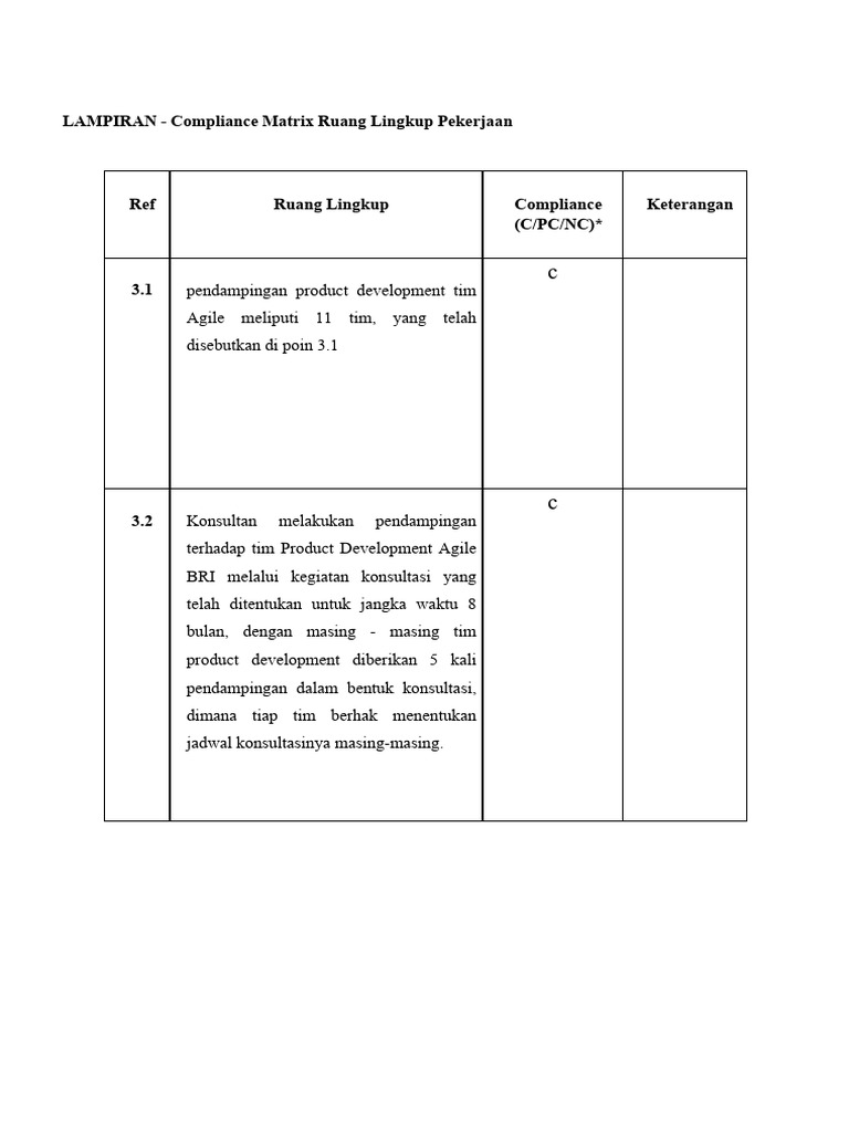 Lampiran 4 - Tabel Compliance Matrix Ruang Lingkup Pekerjaan | PDF