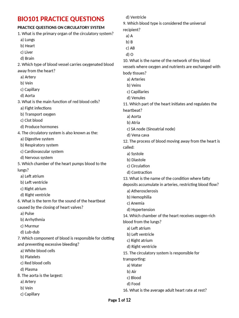 Circulatory and Excretory System Quiz | PDF | Respiratory Tract | Heart ...