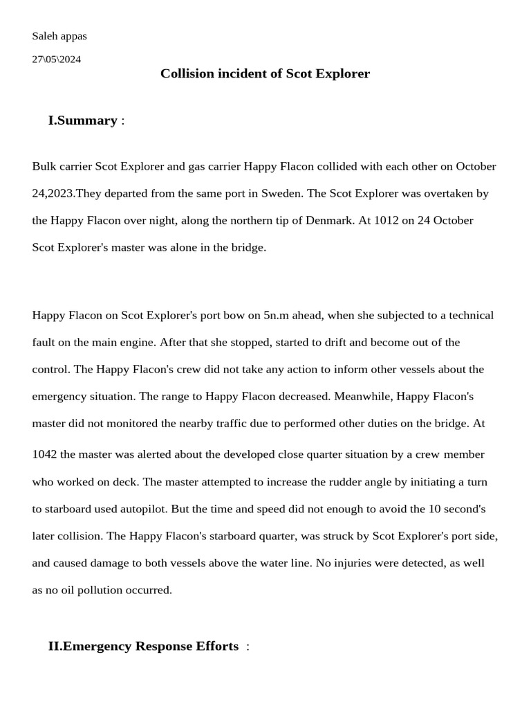 Scot Explorer and Happy Flacon Collision Report | PDF