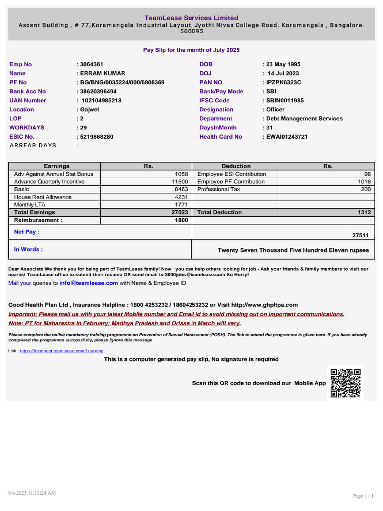 Payslip JUL 2025 Payslip (1) | PDF